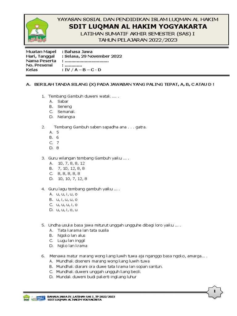 SOAL Latihan SAS 1 B JAWA KELAS 4 | PDF