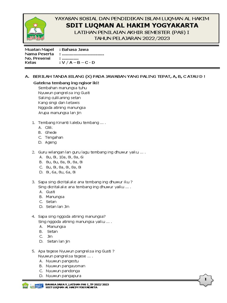 SOAL Latihan PAS 1 B JAWA KELAS 5 | PDF