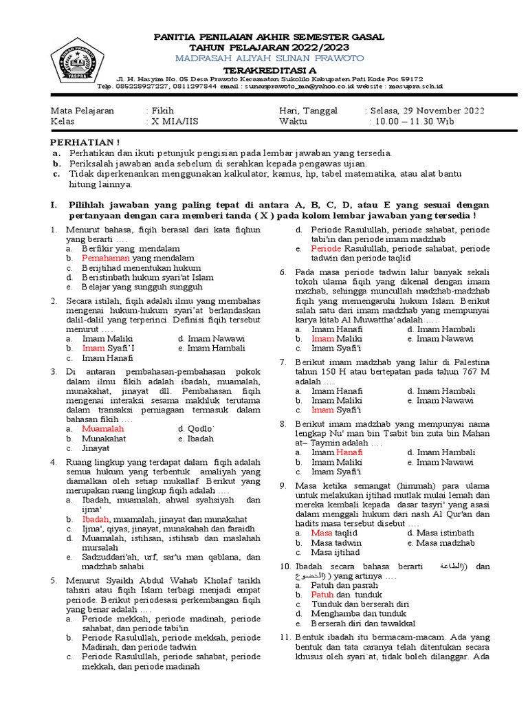 Soal Pas Fikih X - Ganjil 2022 | PDF