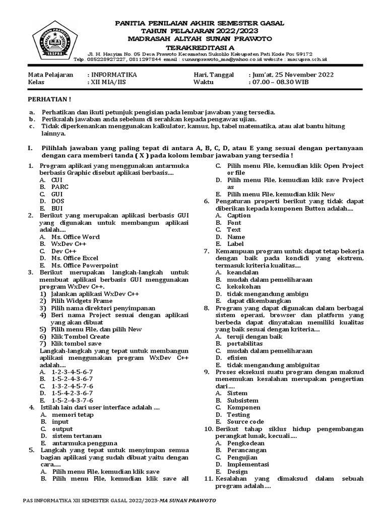 Soal Pas Inf Xii - Gasal 22-23 | PDF
