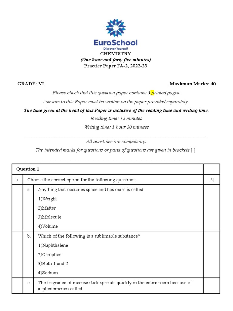 Class 6 ICSE Chemistry Practice Paper | PDF | Teaching Methods & Materials
