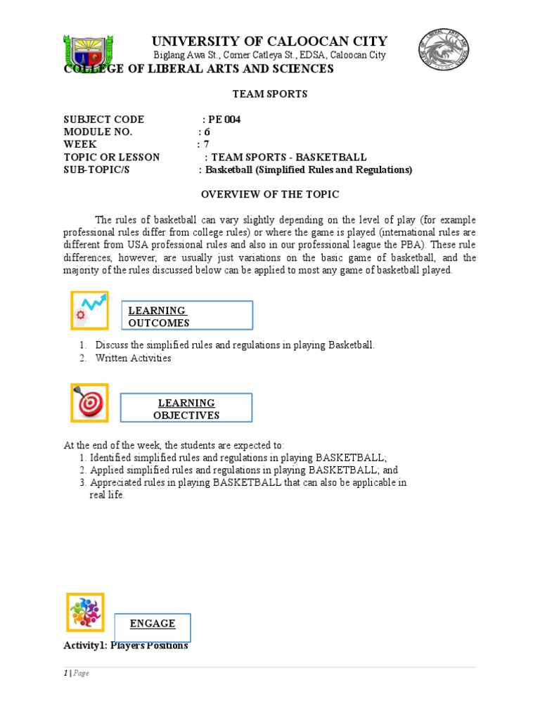 CLAS PE 004 Module 6 Week 7 Simplified Rules of Basketball | PDF