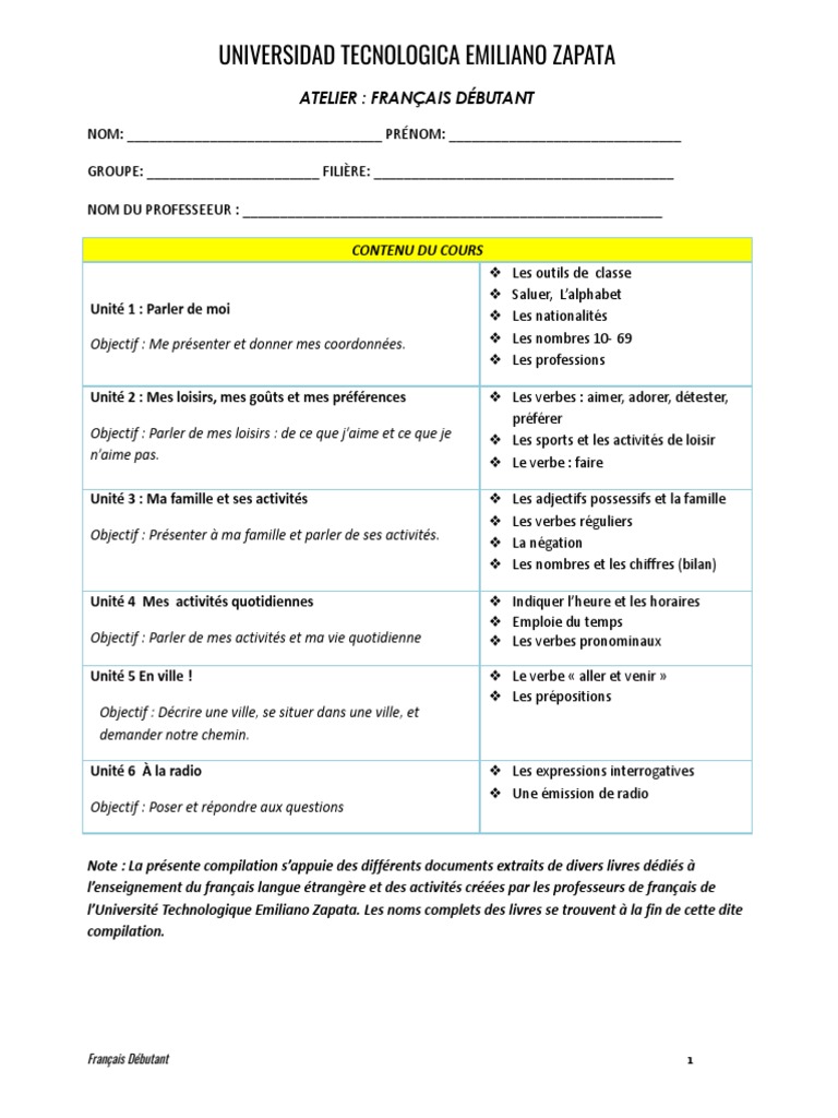 Atelier de Français Débutant | PDF | Verbe | Langue française