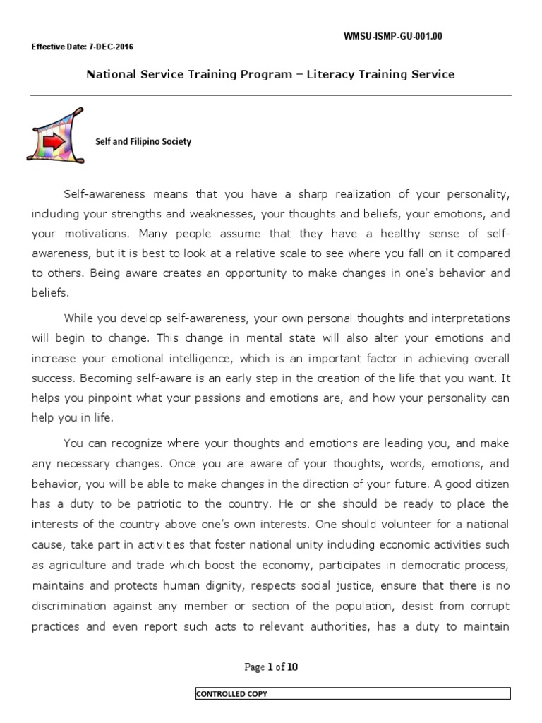 NSTP Worksheet Number 8 | PDF | Thought | Self Awareness