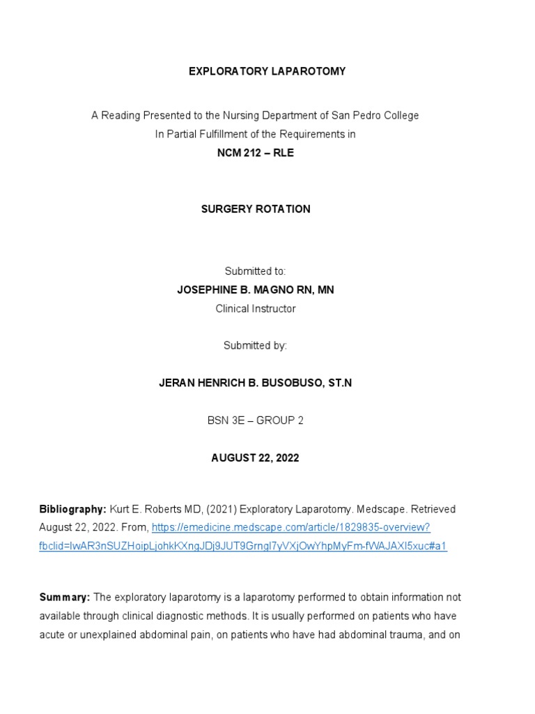 Exploratory Laparotomy - Reading | PDF | Surgery | Medical Diagnosis