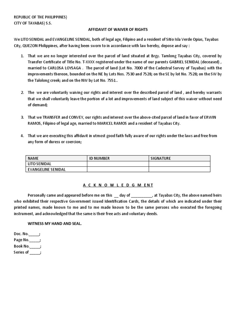 Affidavit Waiver of Rights Sample 1 | PDF