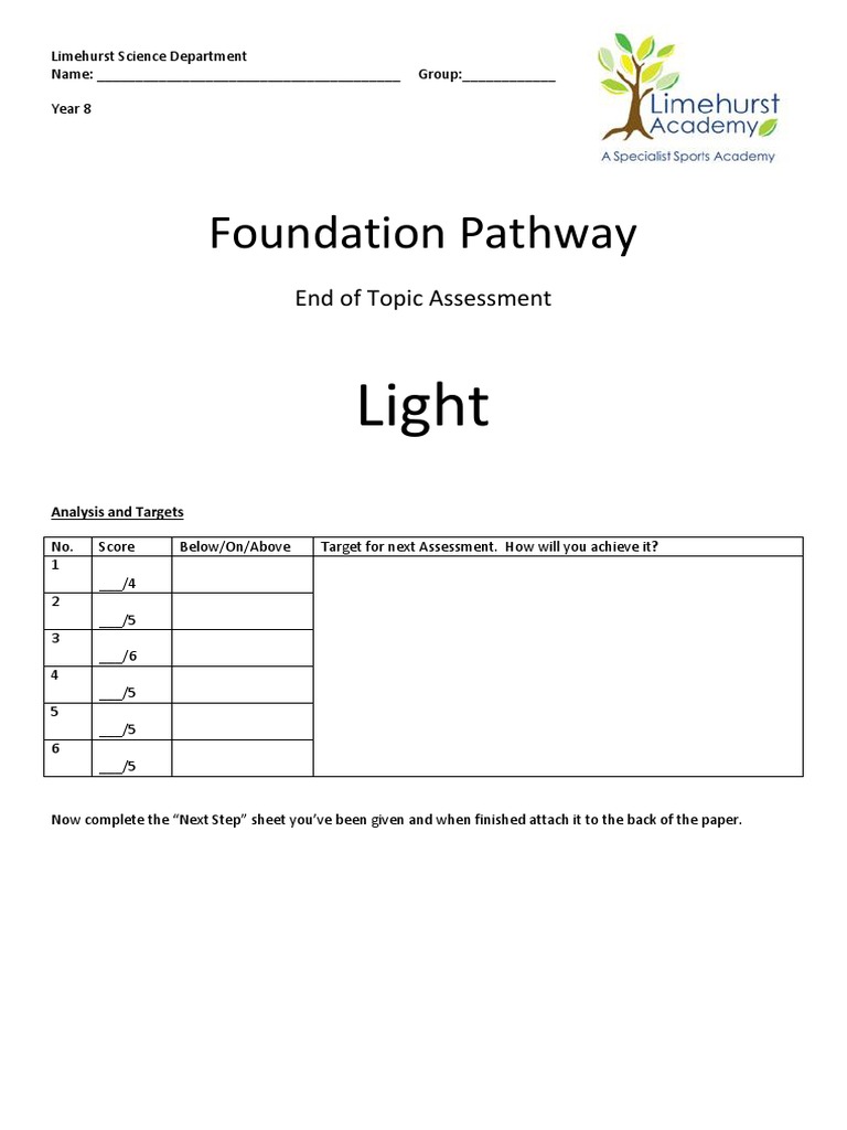 Light and Shadow Example-Yr-8-Foundation-Pathway-Assessment.73133575.87915607 | PDF