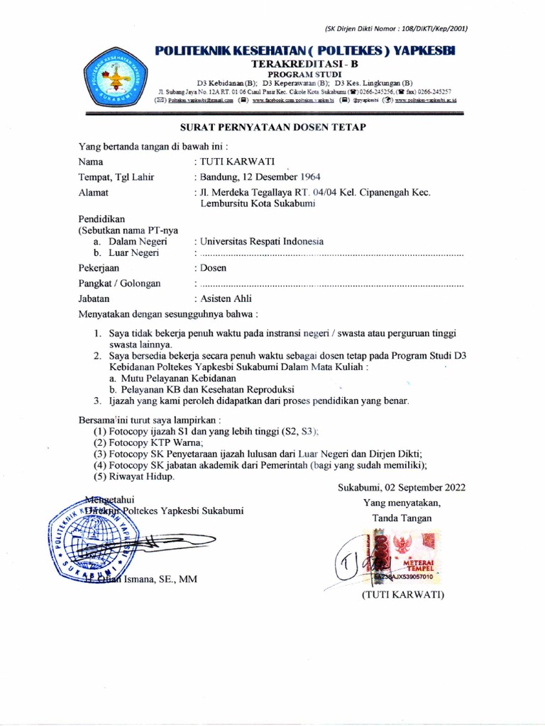 Surat Pernyataan Dosen Tetap | PDF