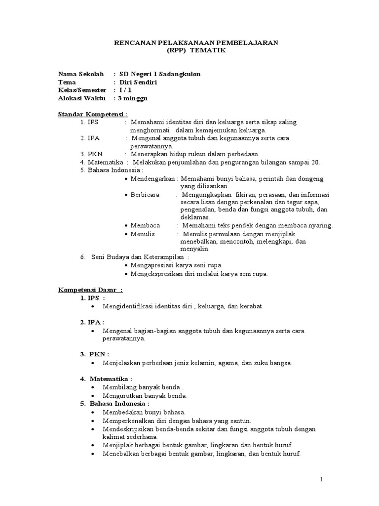 RPP Kelas 1 Semester 1 | PDF | Karier & Perkembangan | Seni & Disiplin Bahasa