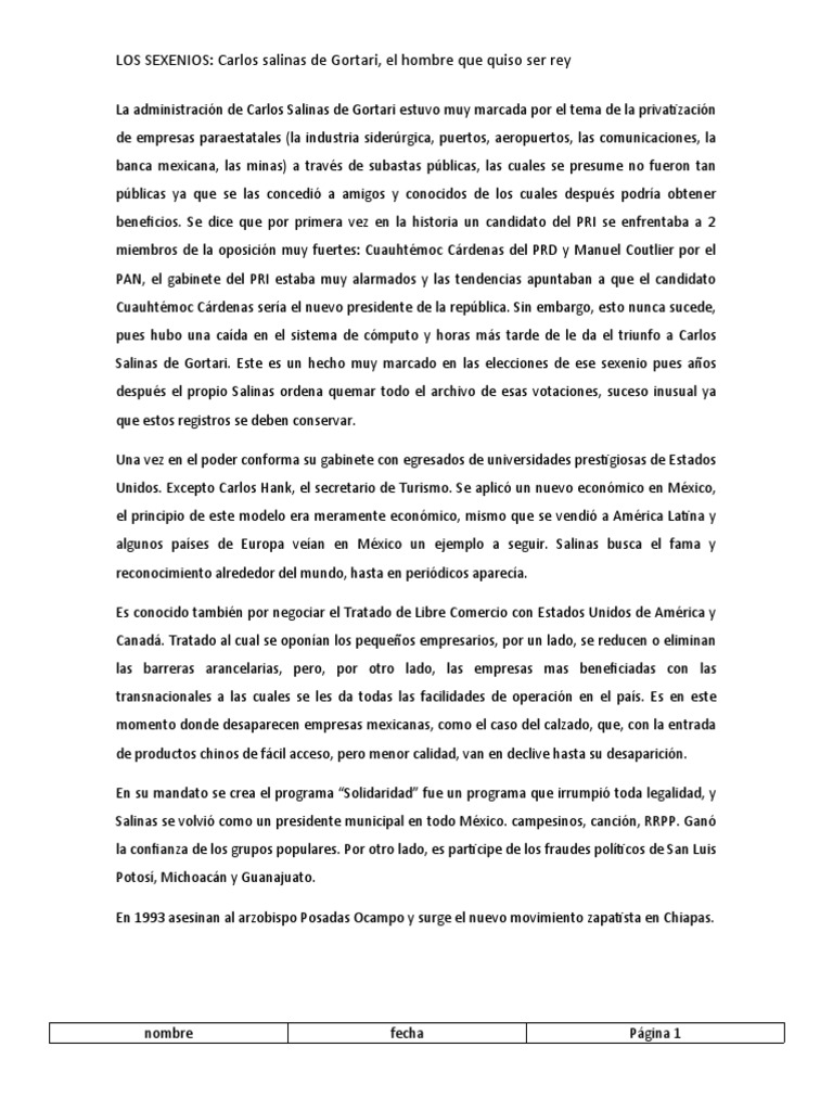 Reseña Del Video "Sexenios" de Carlos Salinas de Gortari | PDF