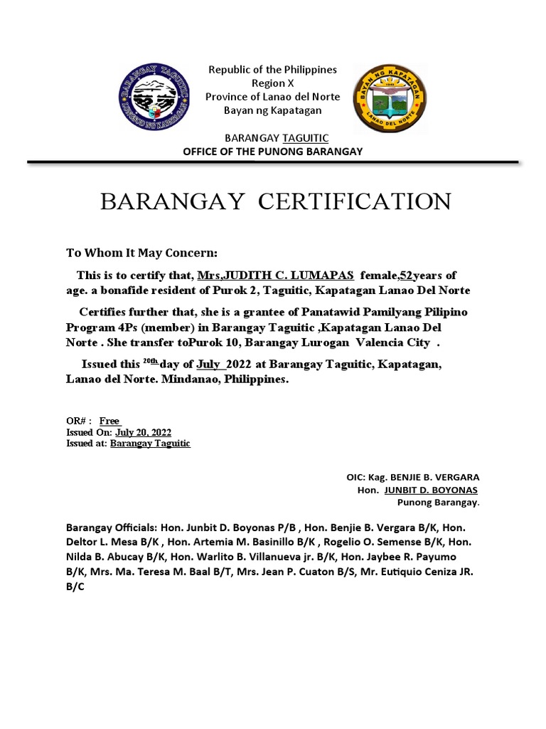 Barangay Certification for 4Ps Grantee | PDF