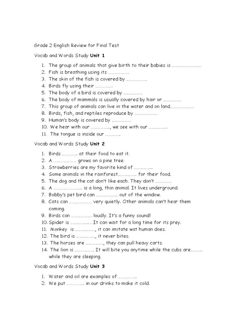 Grade 2 English Review For Final Test | PDF