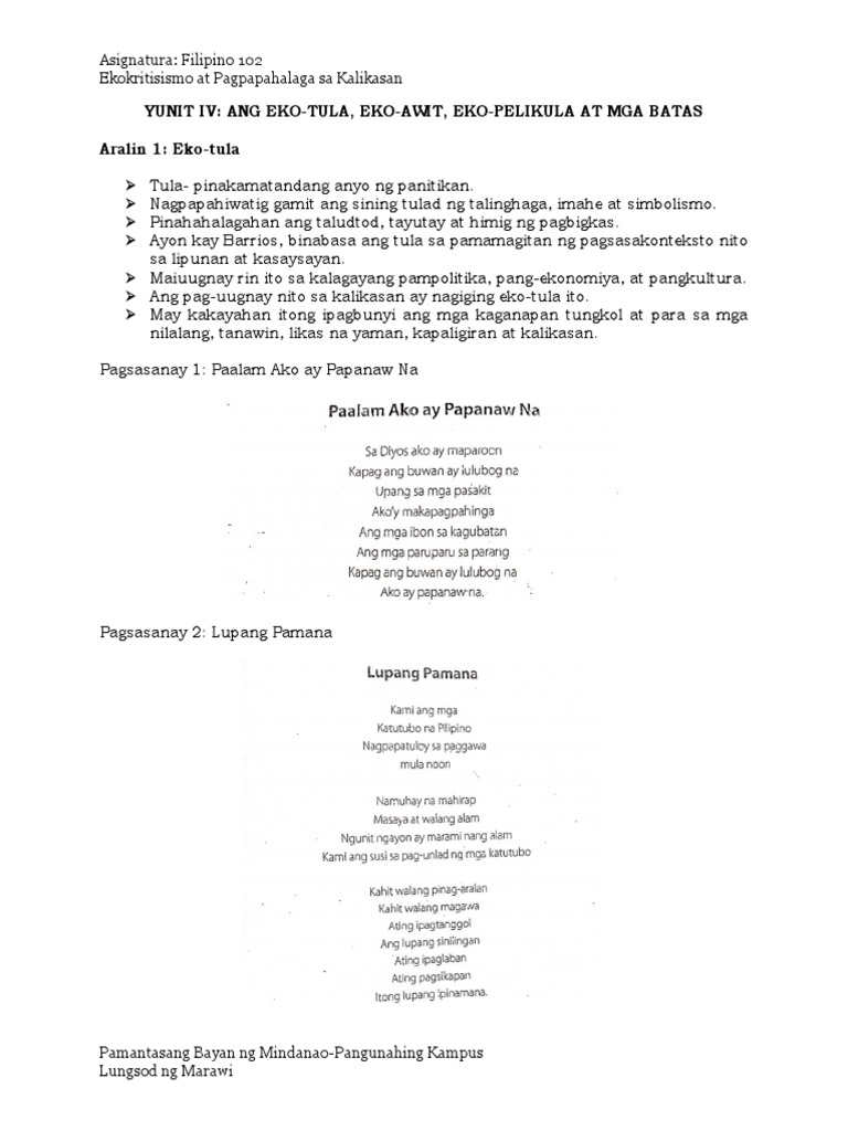 Fil 102 Ekokritisismo at Pagpapahalaga Sa Kalikasan Yunit IV | PDF
