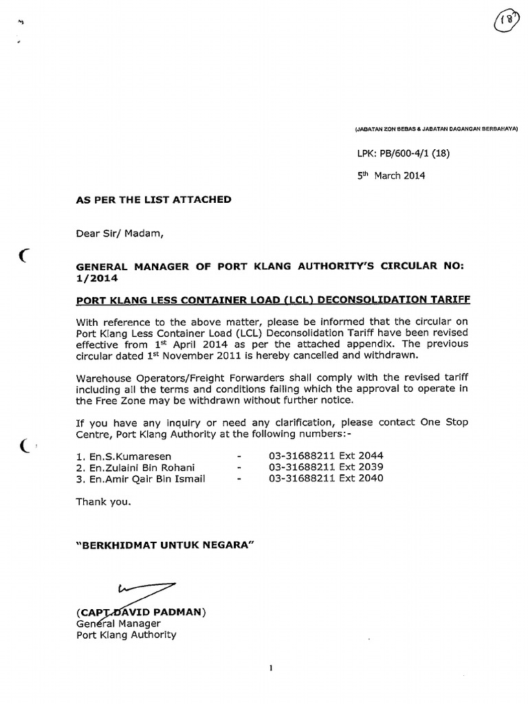 Port Klang Less Container Load LCL Deconsolidation Tariff | PDF