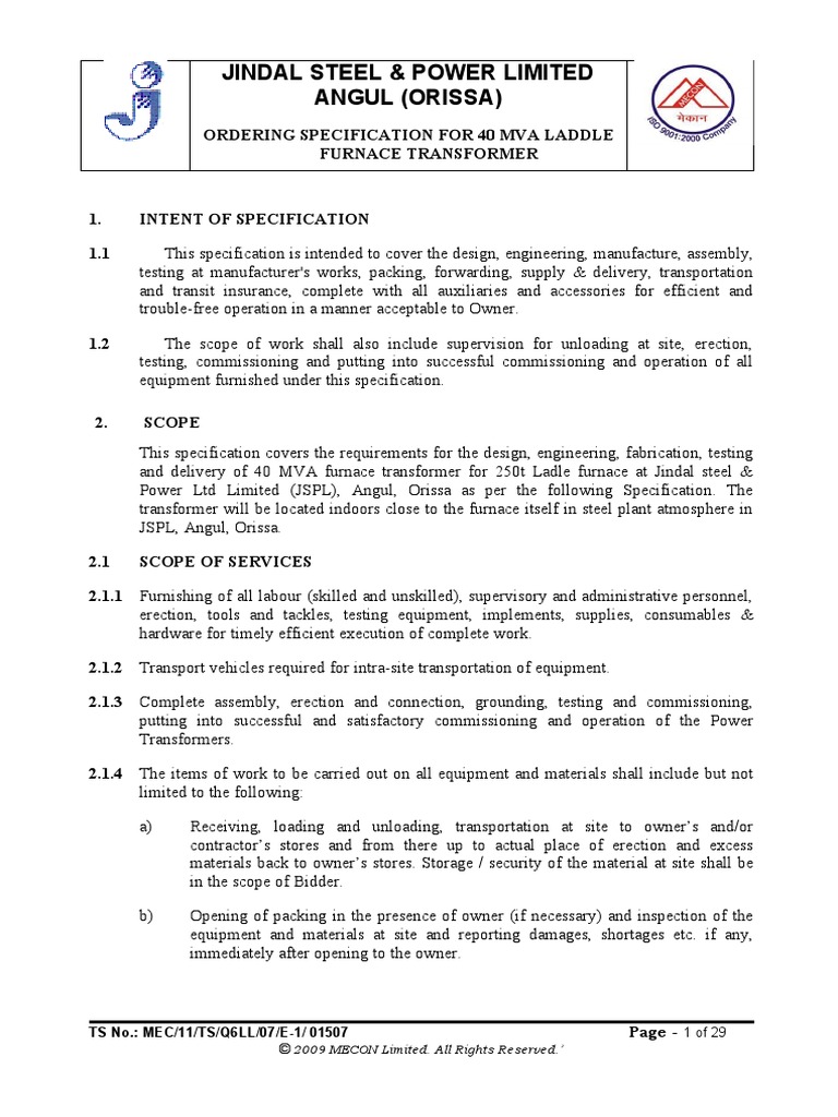 40 Mva Technical Specification | PDF | Transformer | Electrical Engineering