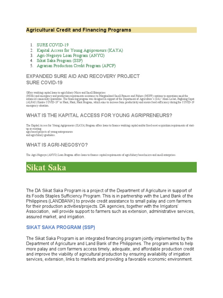 (SCHEMES) Agricultural Credit and Financing Programs | PDF | Economies ...