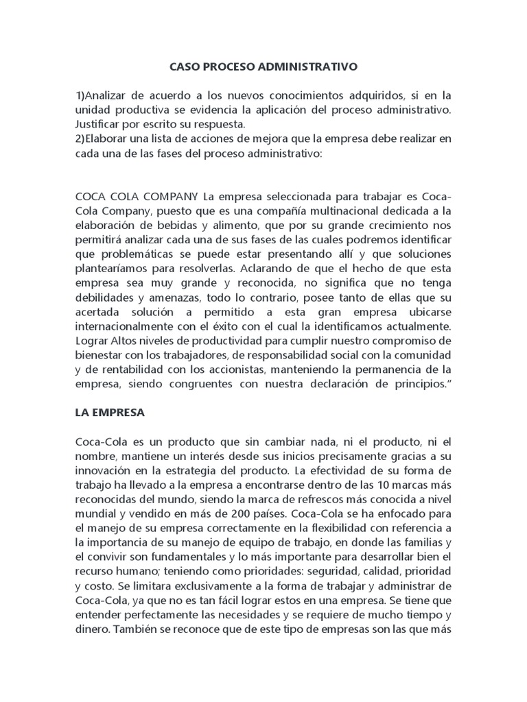 CASO Proceso Administrativo Cocacola | PDF | Marketing | Calidad (comercial)