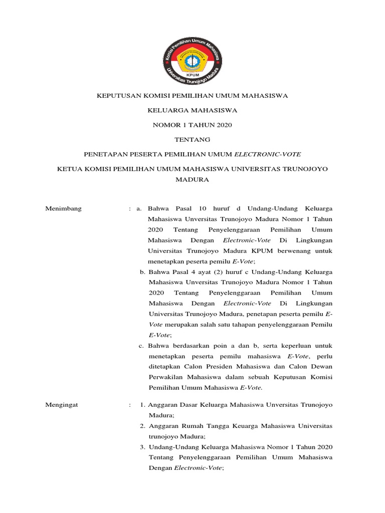 Kep - KPUM KM UTM Nomor 1 Tahun 2020 Tentang Penetapan Peserta Pemilihan Umum Electronic-Vote | PDF