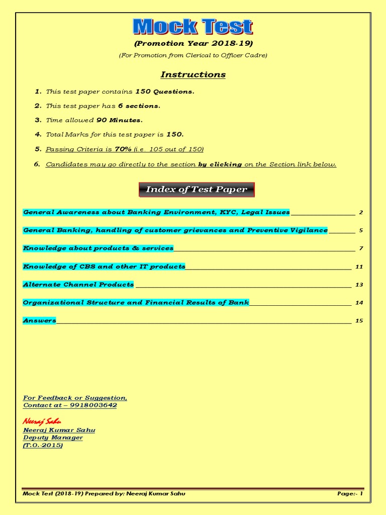 Mock Test (2018-19) For Clerical To Trainee Officer and JMGS-I | PDF ...