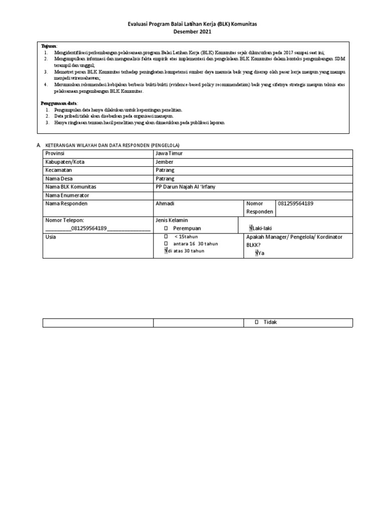 Instrument Survey FINAL - Evaluasi BLKK (Pengelola) - 10122021 | PDF