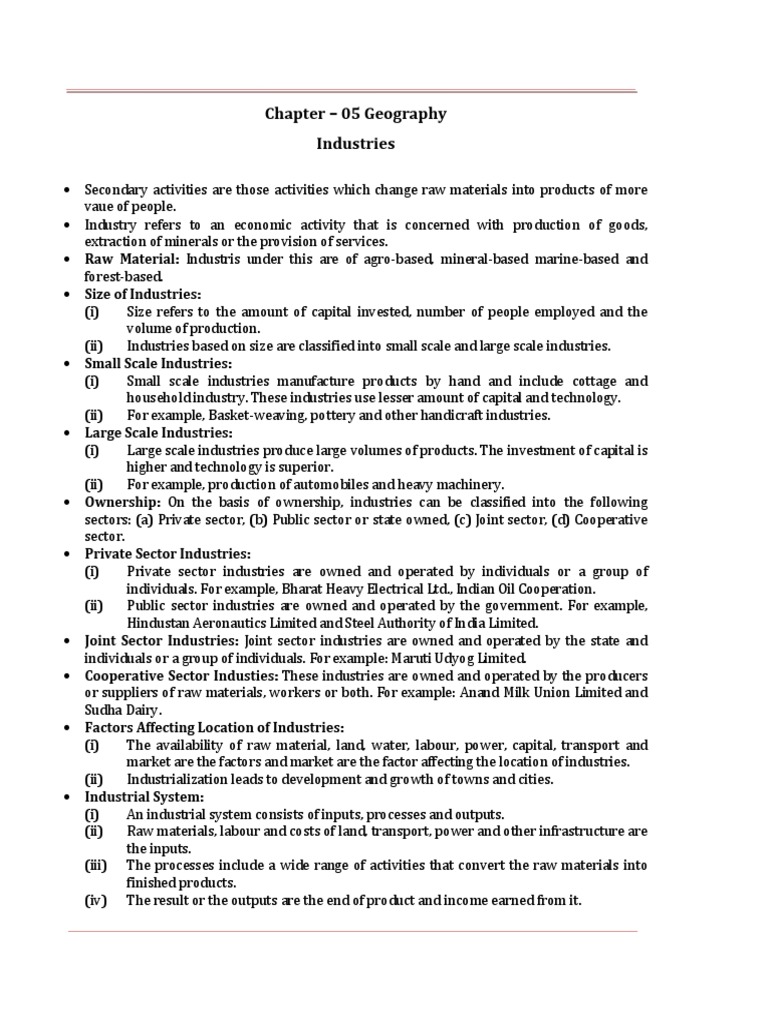 Industry Chapter 5 Notes Geography Class 8 | PDF | Steel | Iron