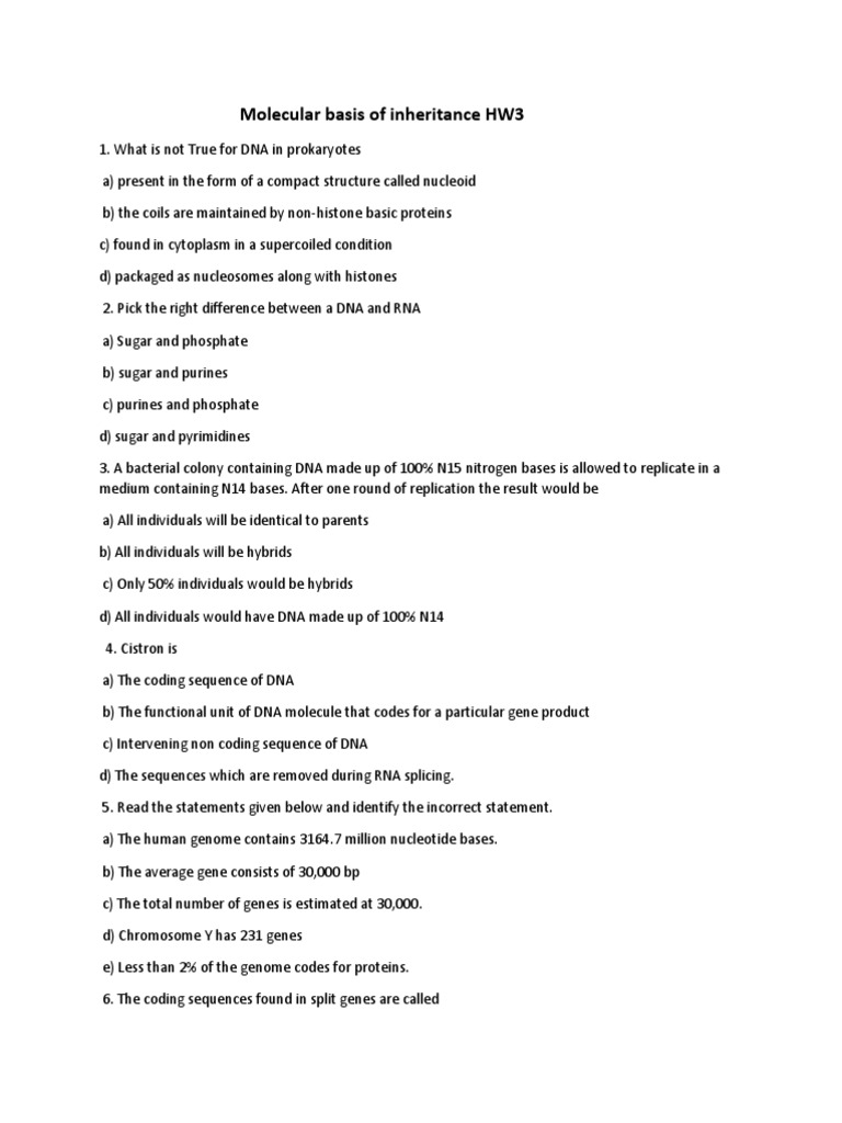 Molecular Inheritance Concepts Quiz | PDF | Gene | Dna