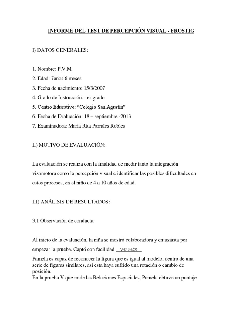 Ejemplo Informe Psicológico Test de Frostig | PDF