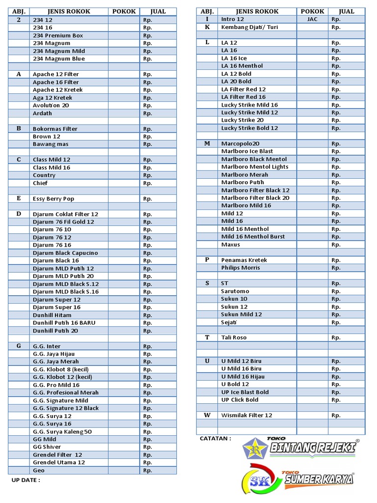 ABJ Cigarette Price List with Brands and Varieties | PDF | Herbal And ...