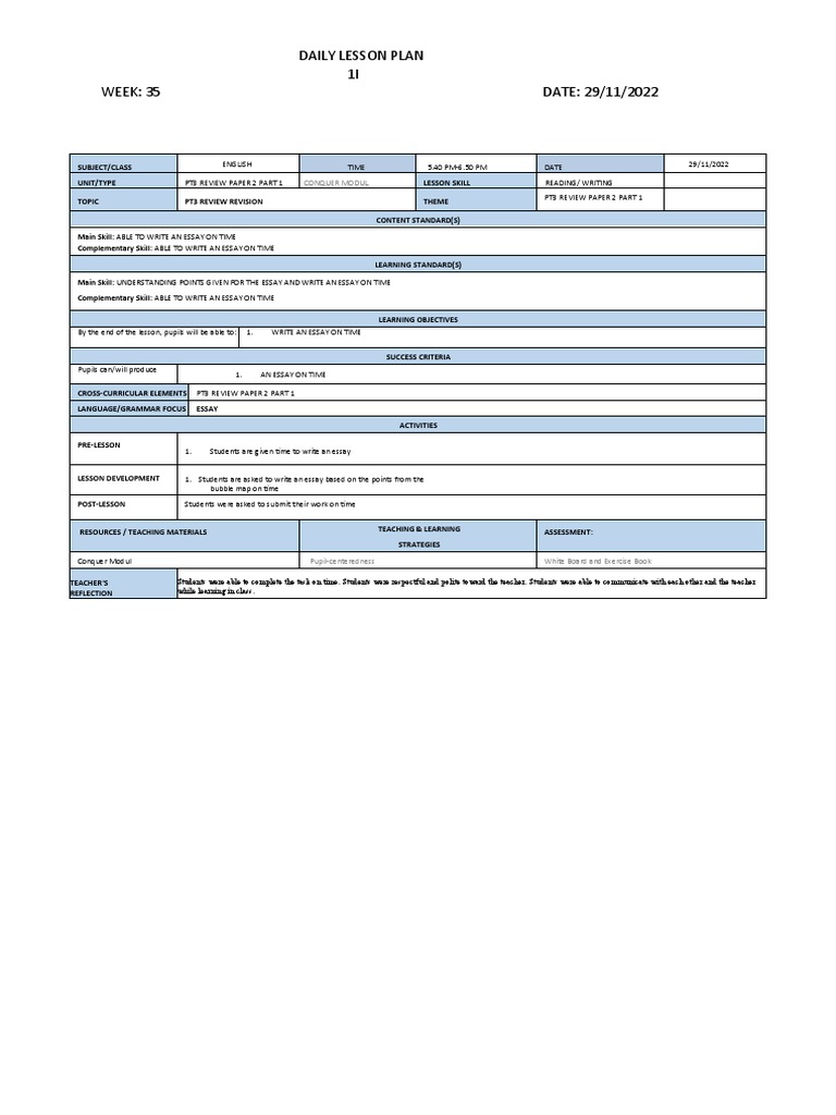 PT3 English Essay Writing Lesson Plan | PDF | Lesson Plan | Essays