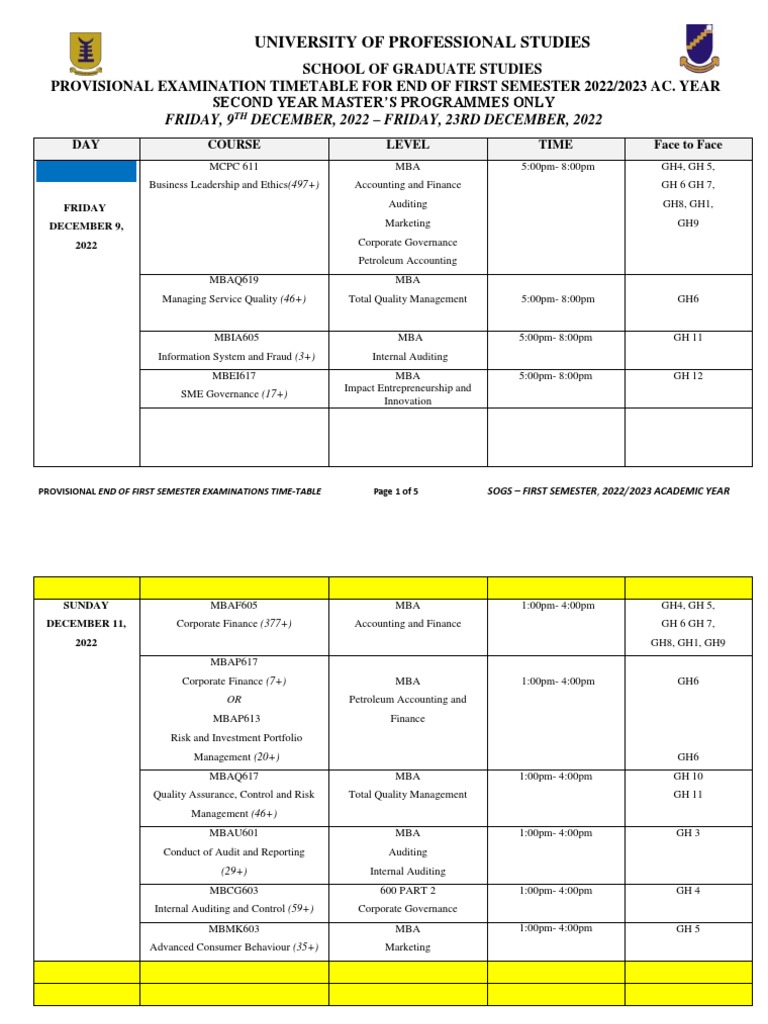 Revised Year 2 Exams Timetable - 1st Semester-2022-2023 | PDF