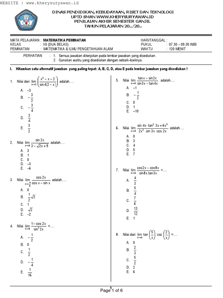 SOAL MATEMATIKA MINAT KELAS XII K13 - WEBSITE WWW - Kherysuryawan.id | PDF