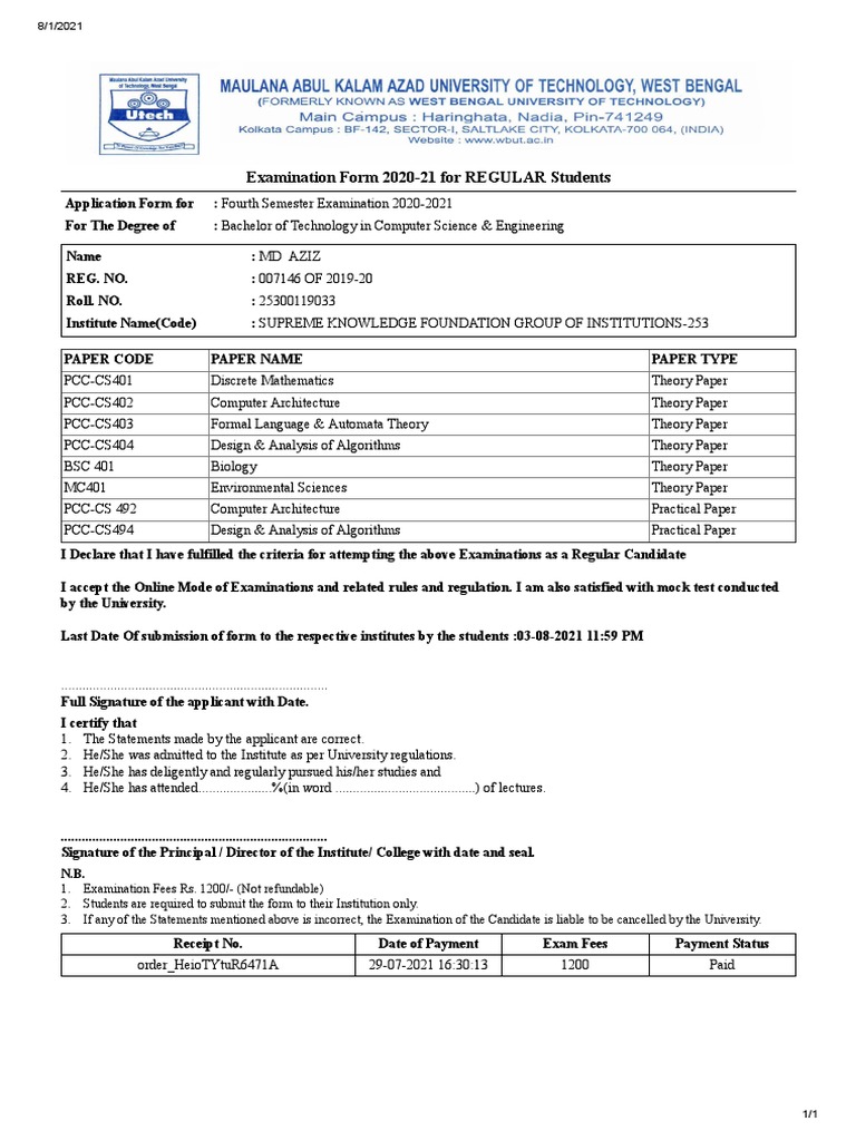 Regular student exam form 2020-21 | PDF | Test (Assessment) | Theory