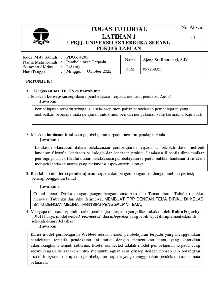 Tugas Tutorial 1 Pembelajaran Terpadu Latihan 1 | PDF