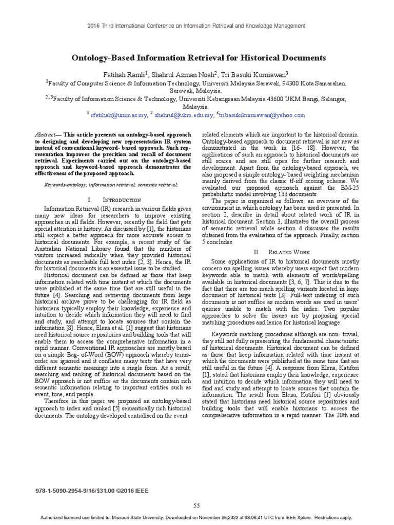 Ontology Based Information Retrieval For Historical Documents Pdf Ontology Information
