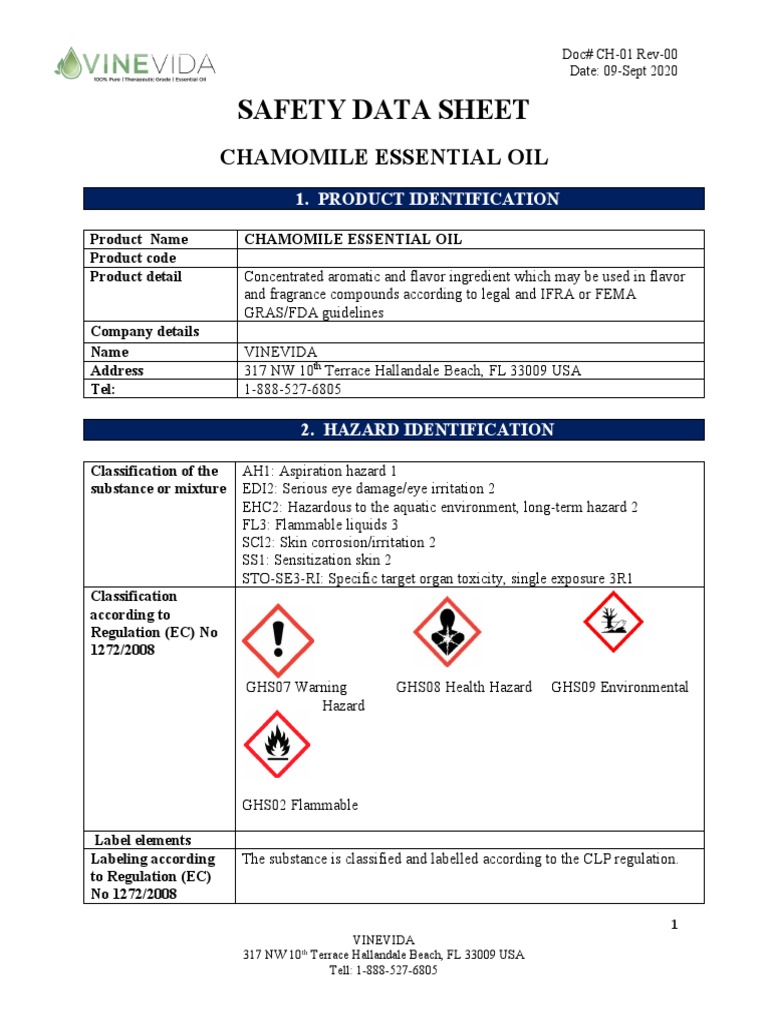 Chamomile Essential Oil Sds | PDF | Firefighting | Toxicity
