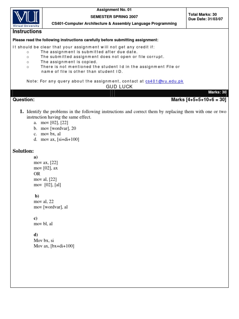 Computer Architecture And Assembly Language Programming Cs401 Spring 2007 Assignment 01