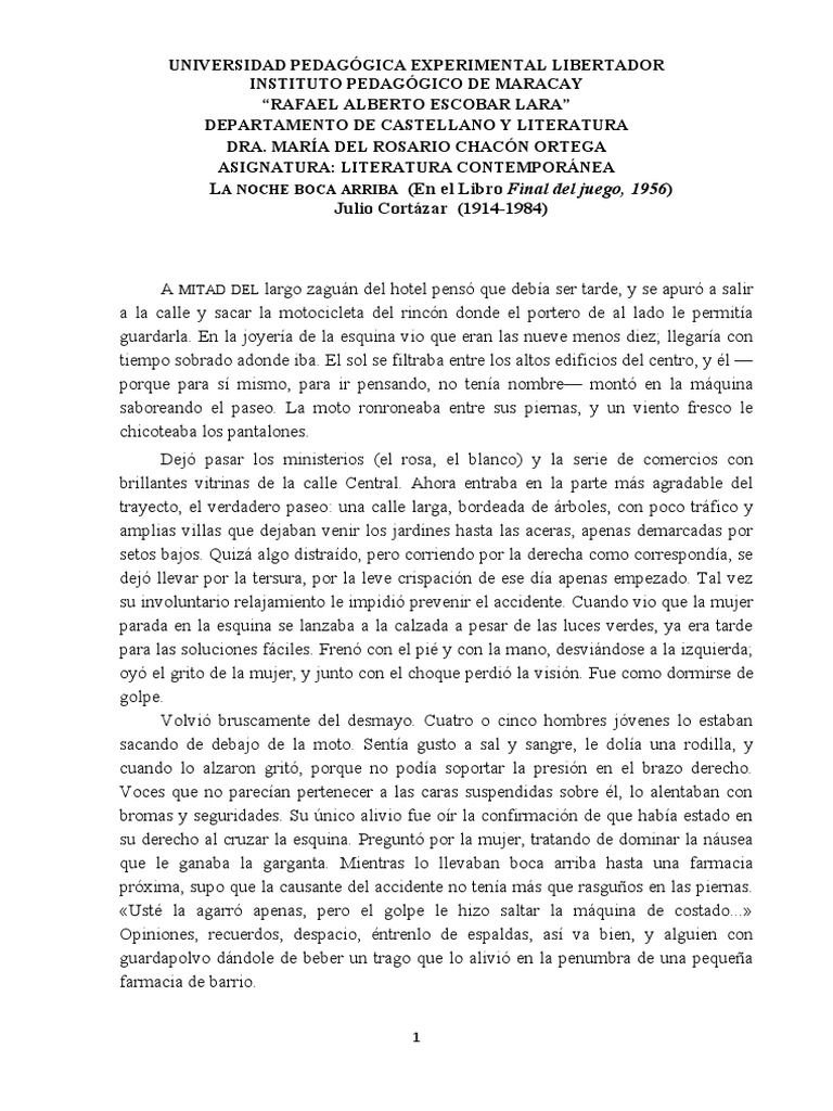 Julio Cortázar La Noche Boca Arriba | PDF | Novela negra, policíaca y ...