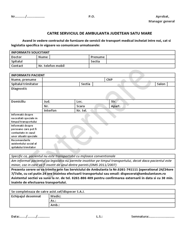 Formular Solicitare Ambulanta Pentru Externare | PDF