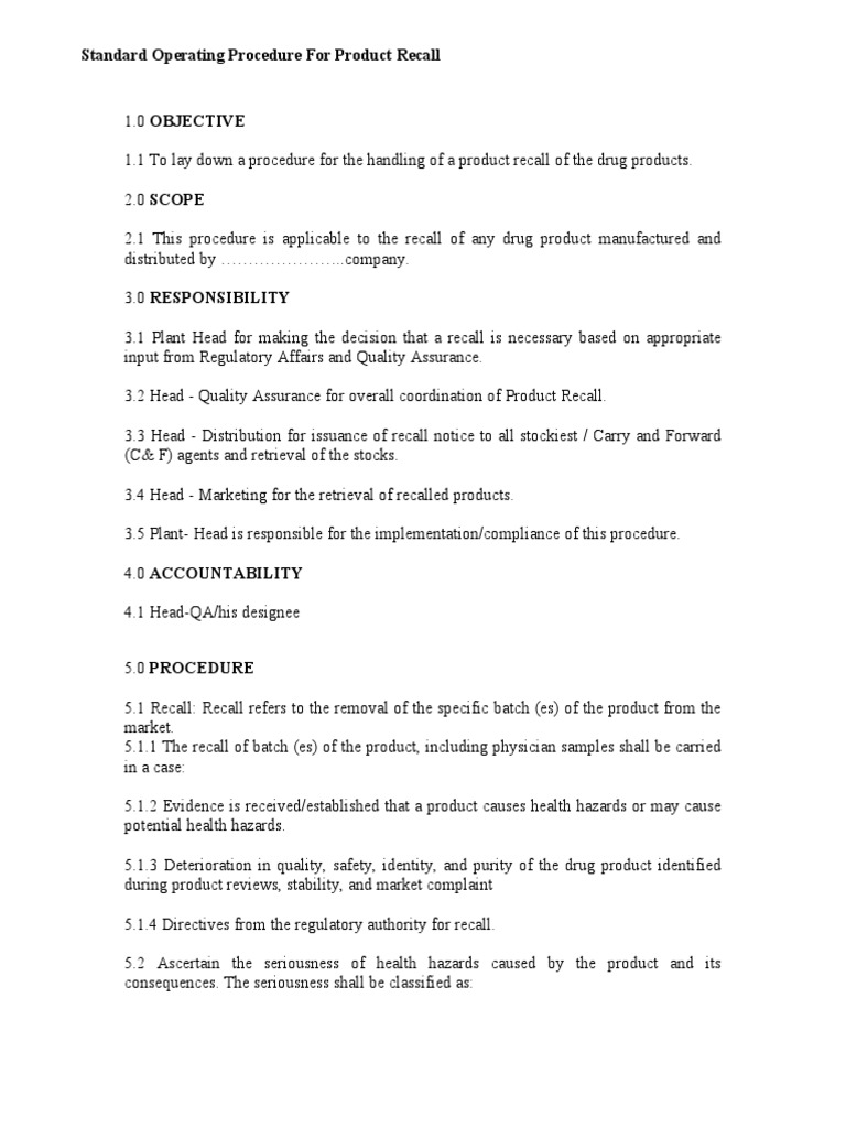Standard Operating Procedure For Product Recall | PDF | Quality ...