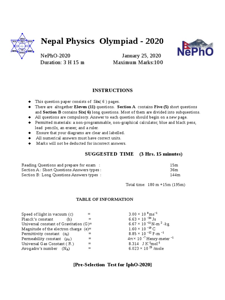 NePhO 2020 Physics Exam Paper | PDF | Teaching Methods & Materials