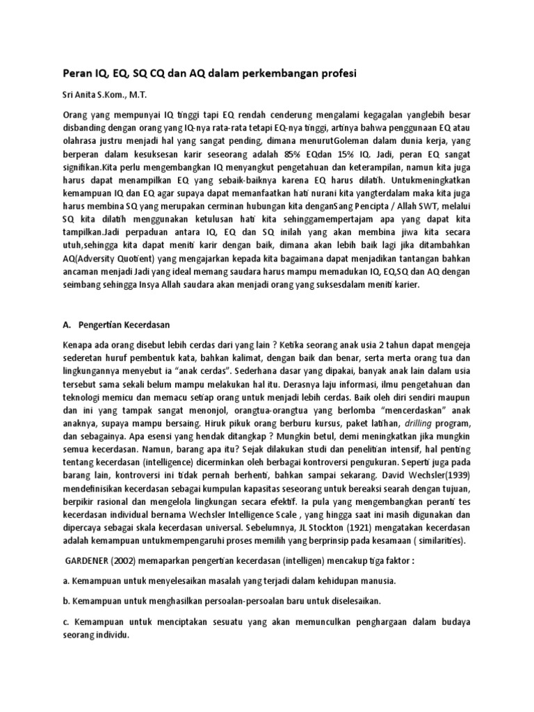 Peran Iq Eq Sq Cq Dan Aq Dalam Perkembangan Profesi Pdf