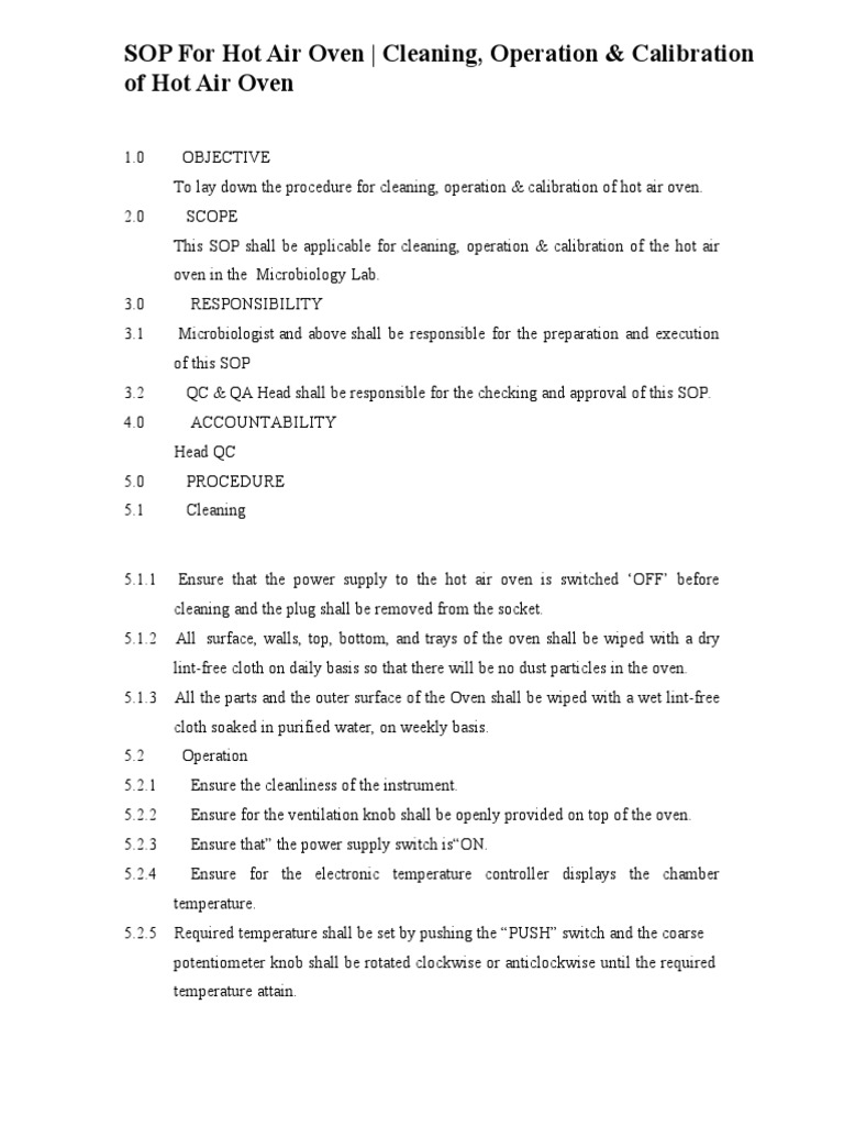 SOP For Hot Air Oven Cleaning, Operation & Calibration of Hot Air Oven | PDF | Calibration ...