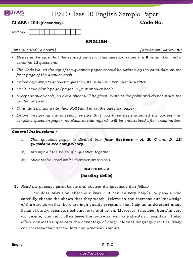 HBSE Class 10 English Sample Paper | PDF | Question | English Language