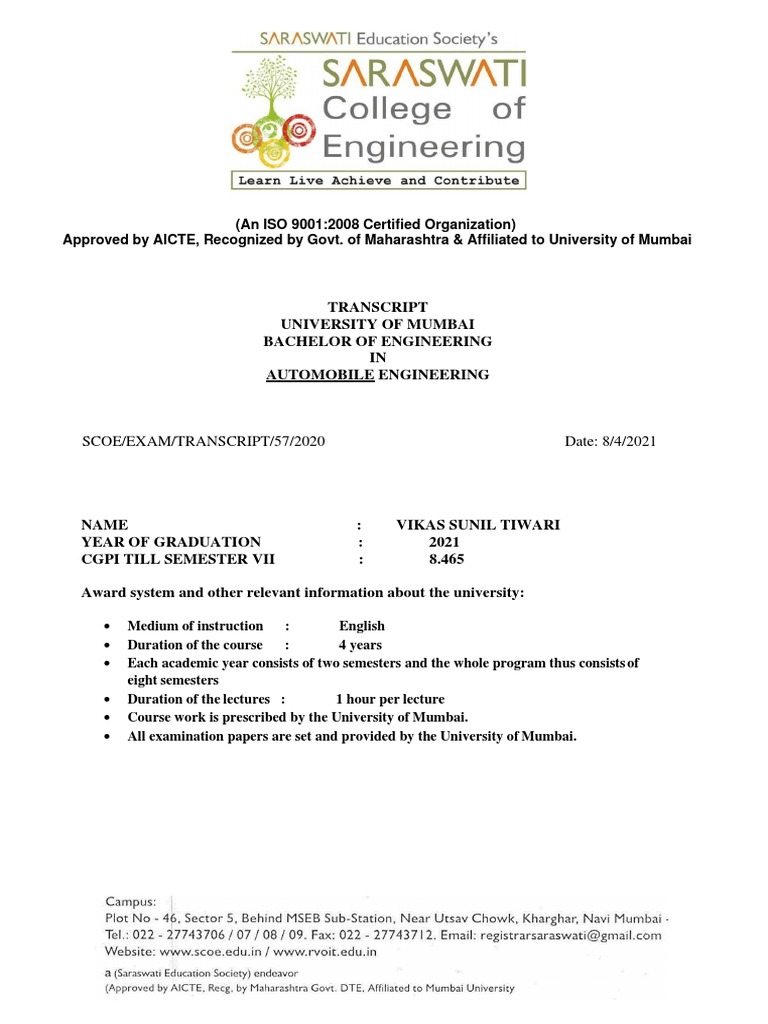 Vikas Tiwari - Transcripts and Documents | PDF