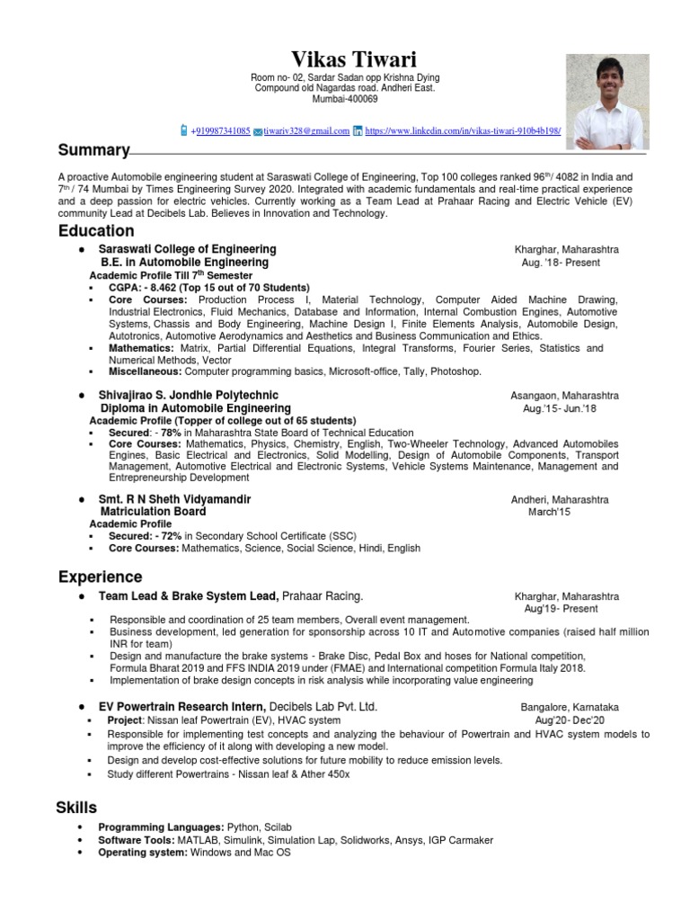CV Vikas Tiwari | PDF | Engineering | Car CV Vikas Tiwari | PDF | Engineering | Car