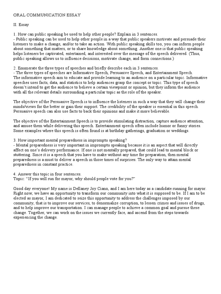 Oral Communication Essay | PDF | Public Speaking | Cognition