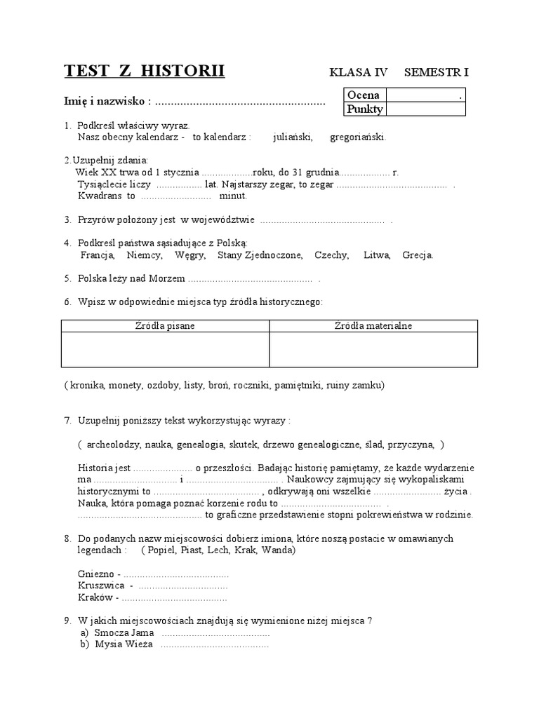 Test Z Historii Klasa Iv Semestr I | PDF
