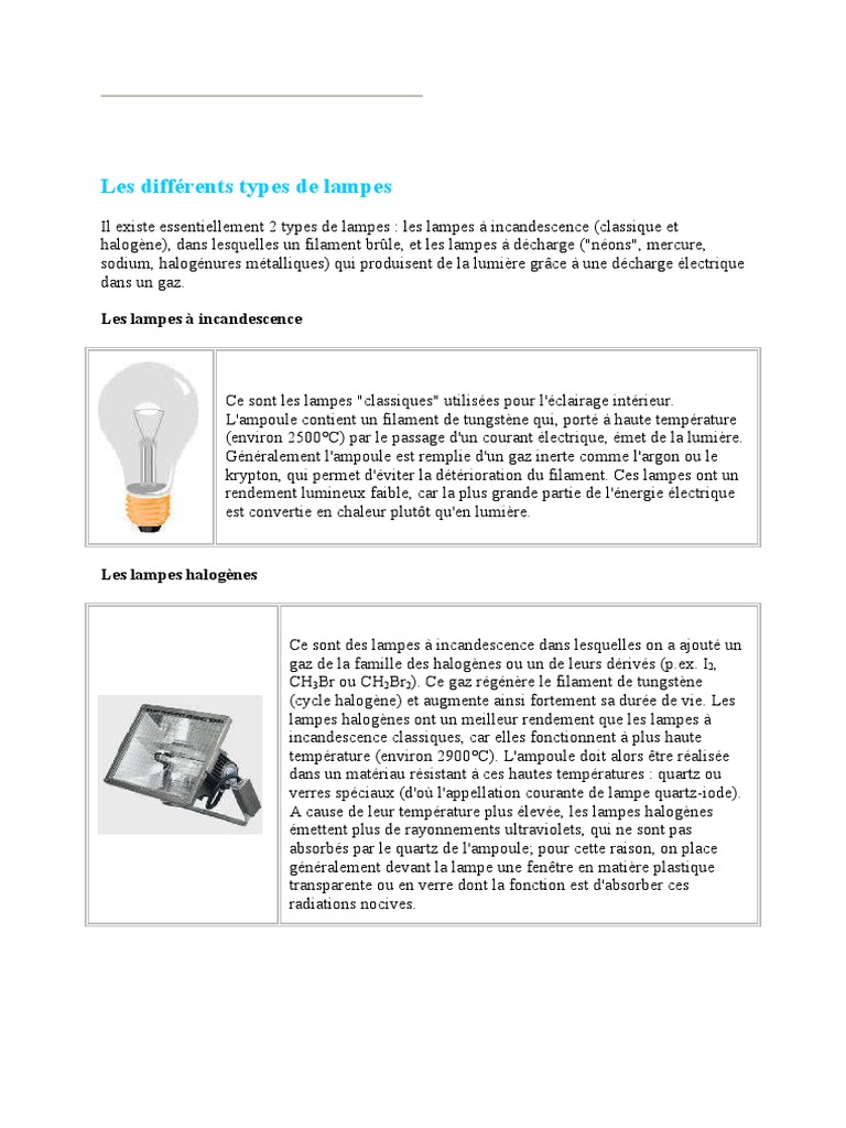 Types de lampes et éclairage | PDF | Lampe à incandescence | Tube ...