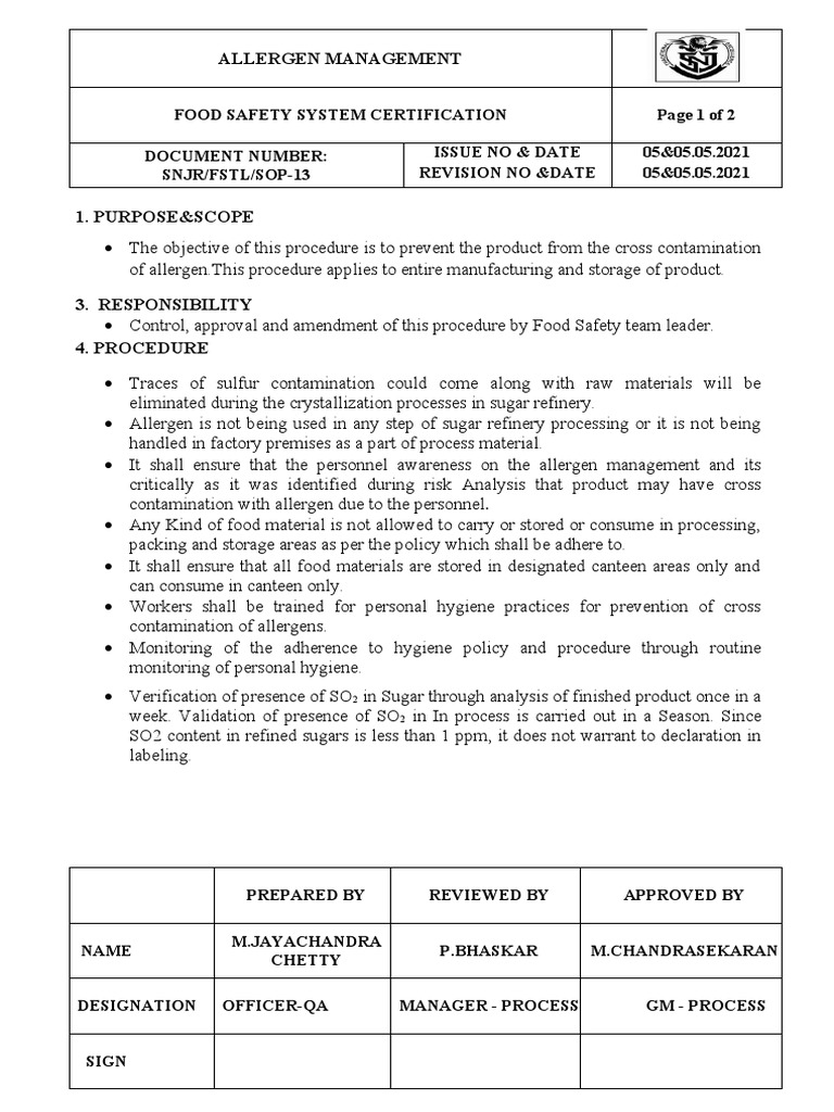 13-FSTL-SOP-13-Allergen Management | PDF | Food Safety | Sulfur Dioxide 13-FSTL-SOP-13-Allergen Management | PDF | Food Safety | Sulfur Dioxide