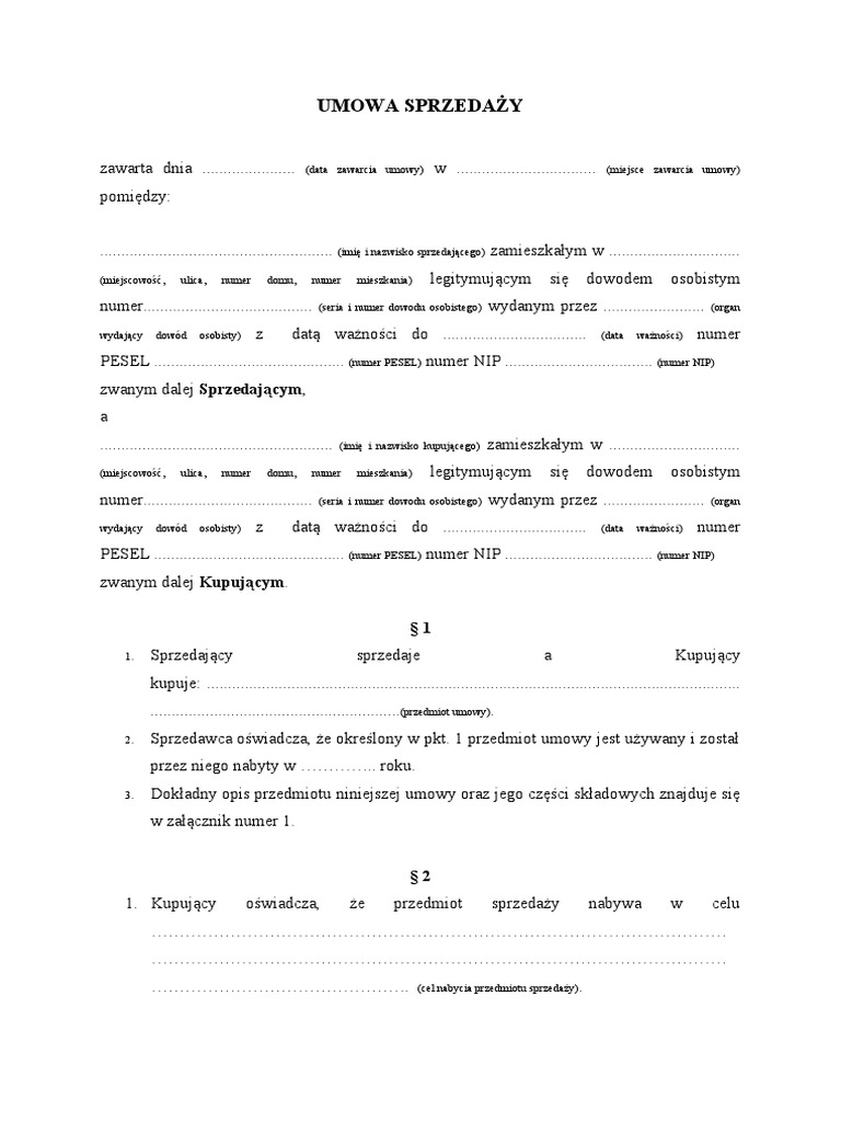 Umowa Sprzedazy Rzeczy Uzywanej | PDF